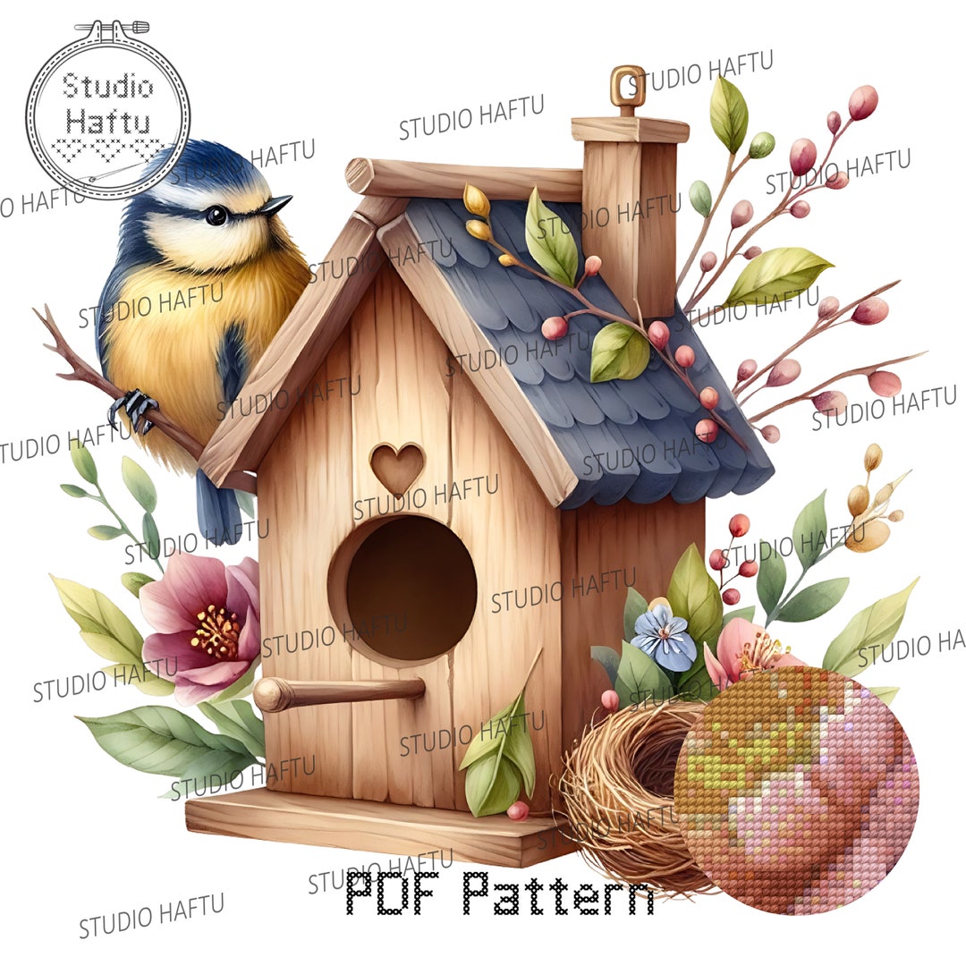 Birdhouse Cross Stitch Pattern With Birds and Flowers, Hand Embroidery ...