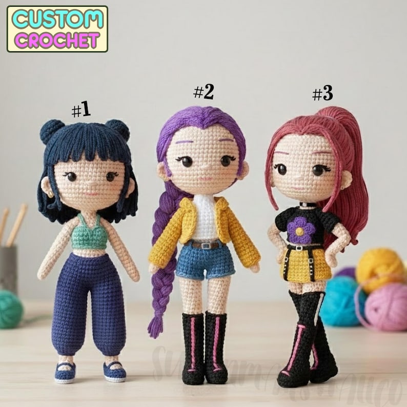 Huntrix Kpop Demon Hunter Girls: Rumi, Mira, and Zoey, Crochet Doll ...