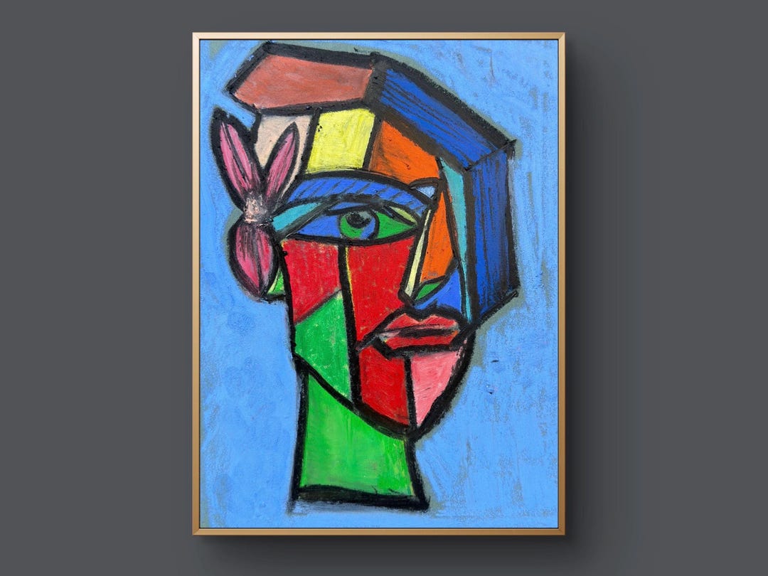 Cubist Portrait – Vibrant Abstract Oil Pastel on Cardboard - Etsy
