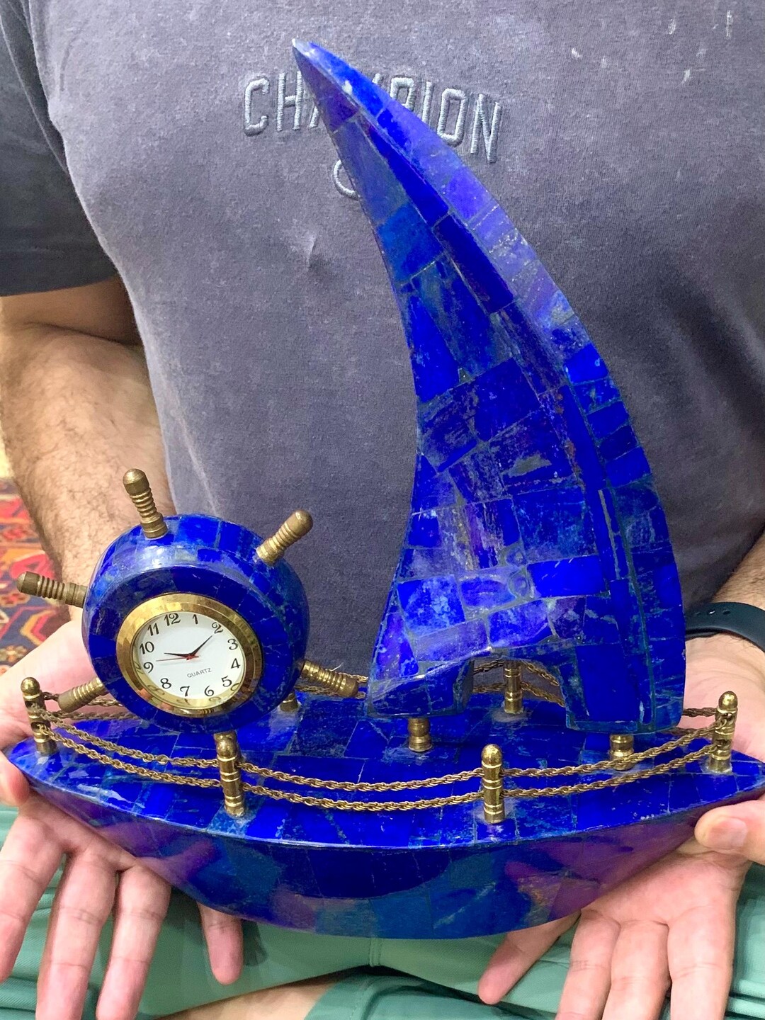 Huge Lapis Lazuli Sailboat With Clock – 2.95 Kg Handmade Ship Sculpture ...
