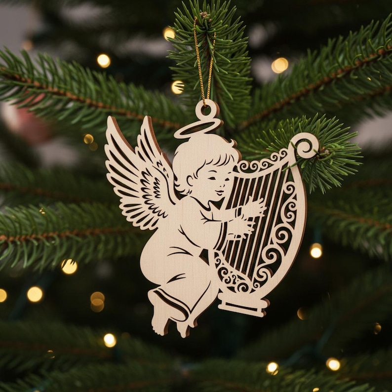 Angel Ornament Laser Cut File, Christmas SVG for CNC, Harp Holiday ...