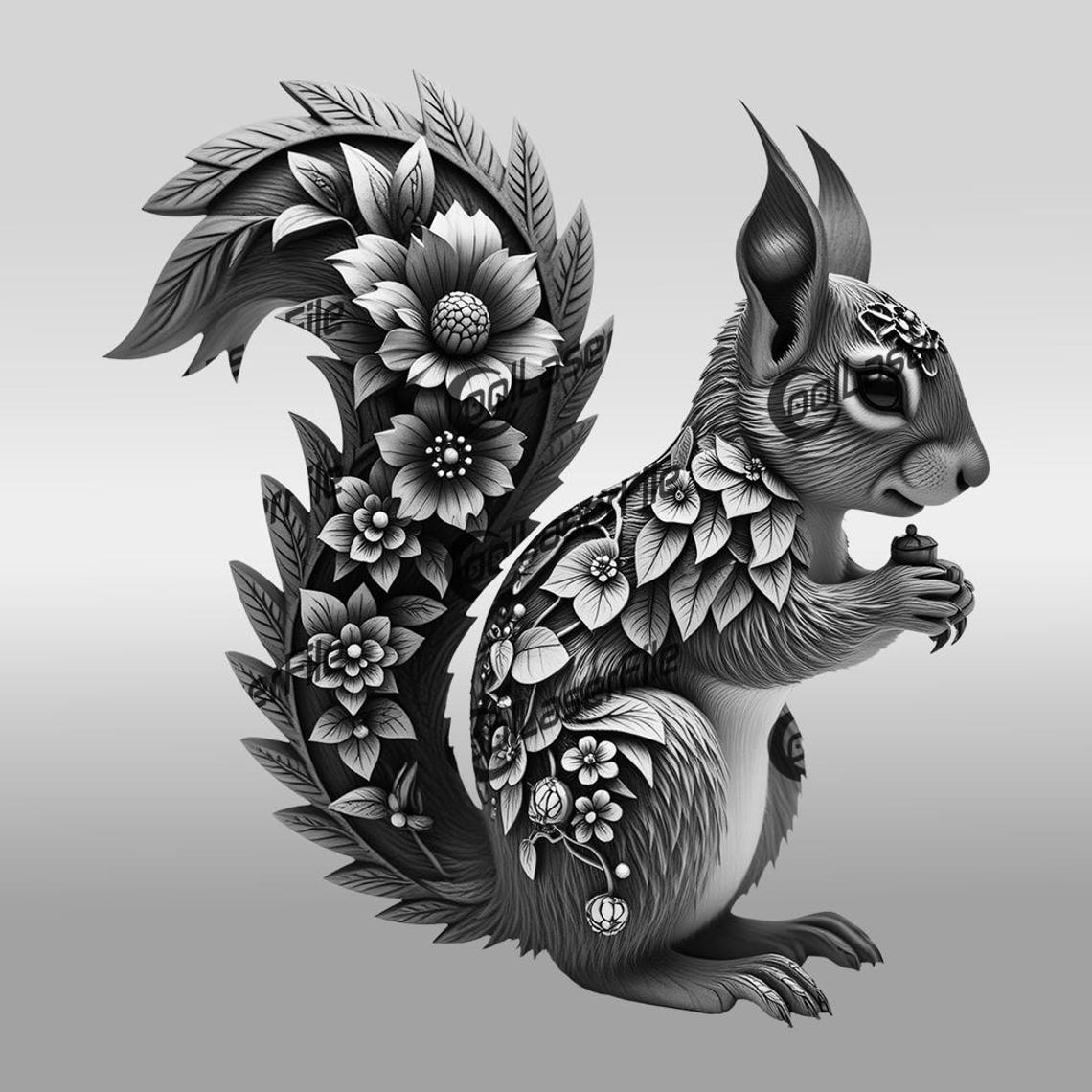 Charming 3D Illusion Art File of a Squirrel With Floral Accents ...
