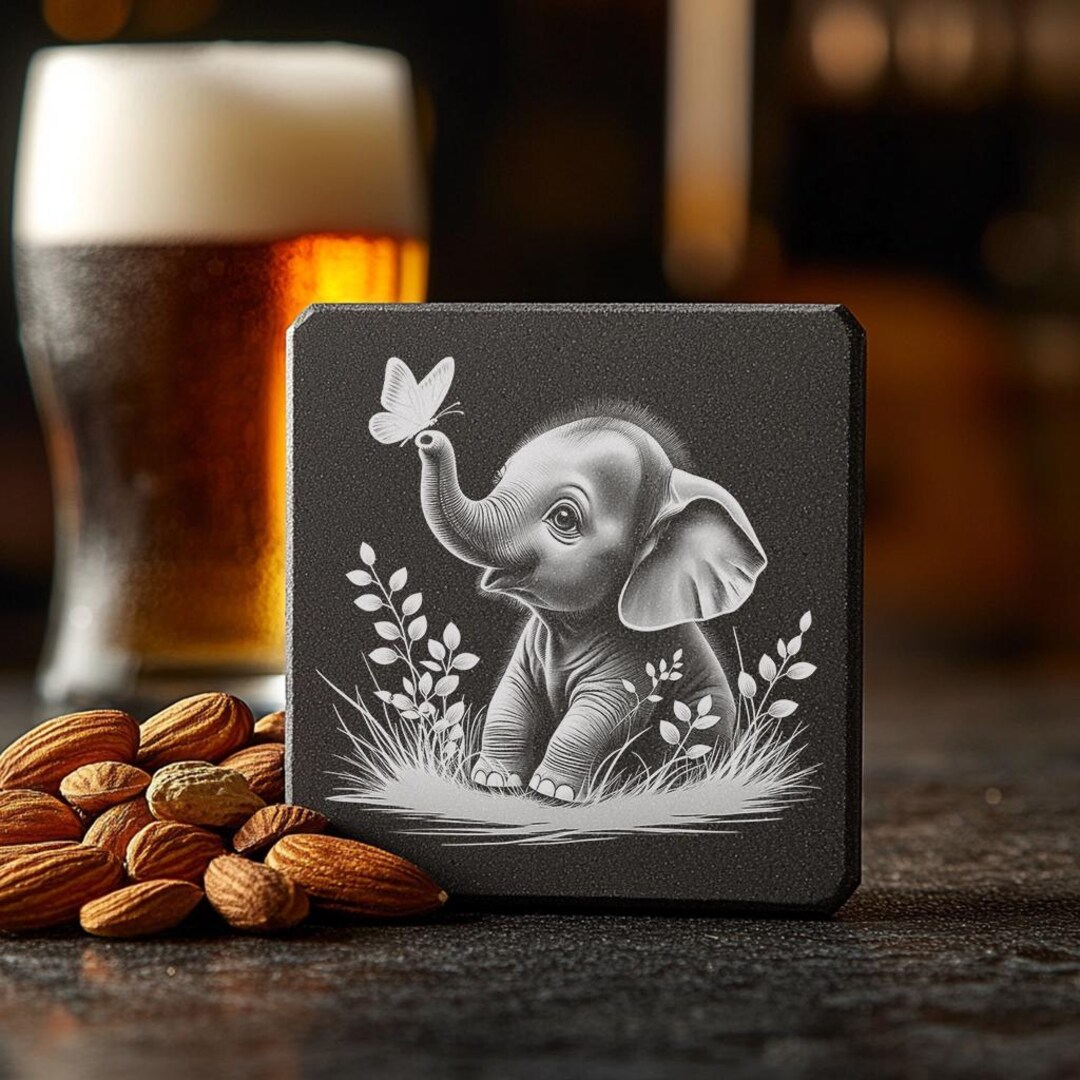 Baby Elephant Butterfly Slate Coaster PNG Laser Engraving File for ...