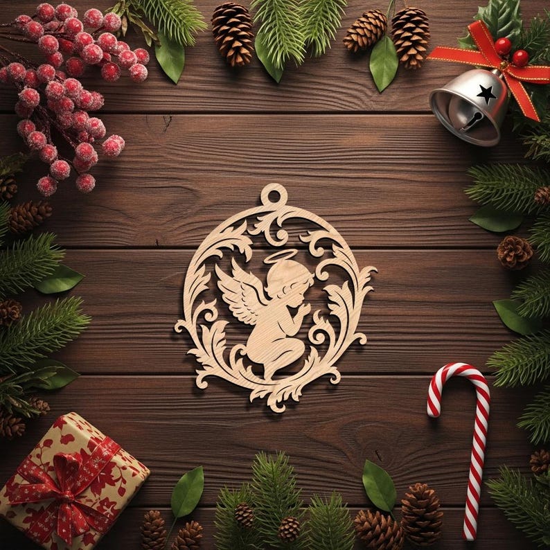Angel Ornament SVG Laser Cut File, Ornate Christmas Silhouette, Digital ...