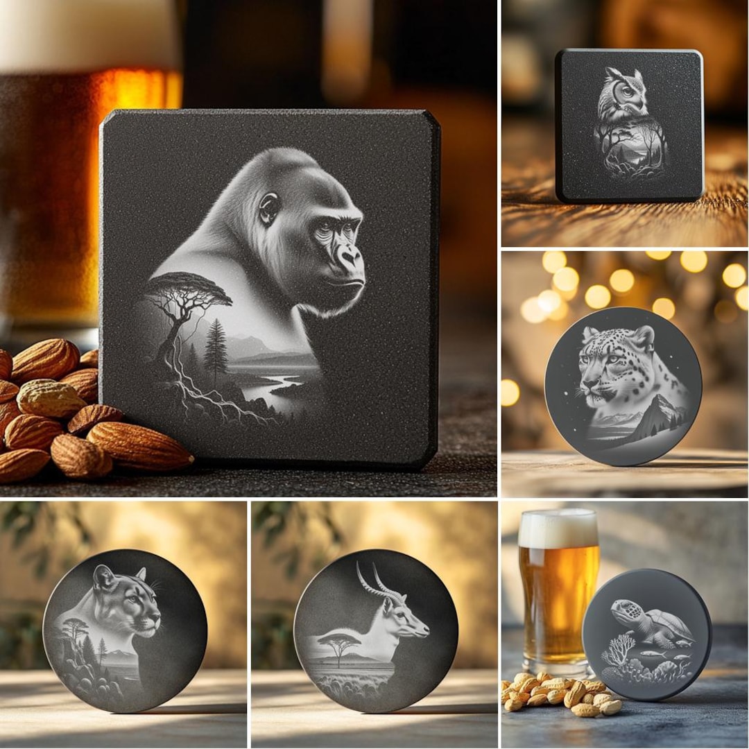 Wild Animal Double Exposure Slate Coaster Laser Engraving Files Bundle ...