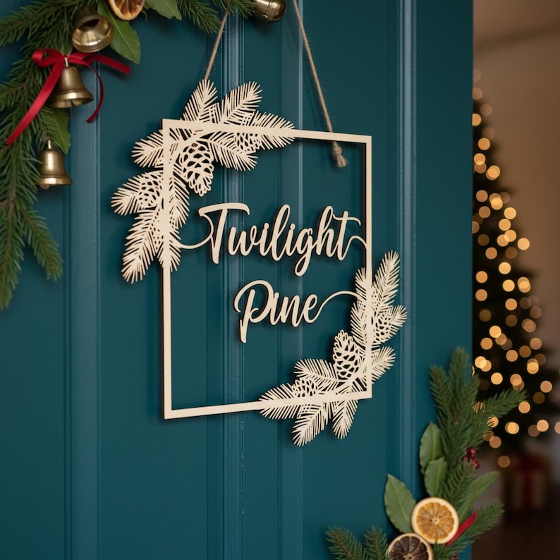 Christmas Door Hanger SVG Laser Cut File, Twilight Pine Round Wood Sign ...