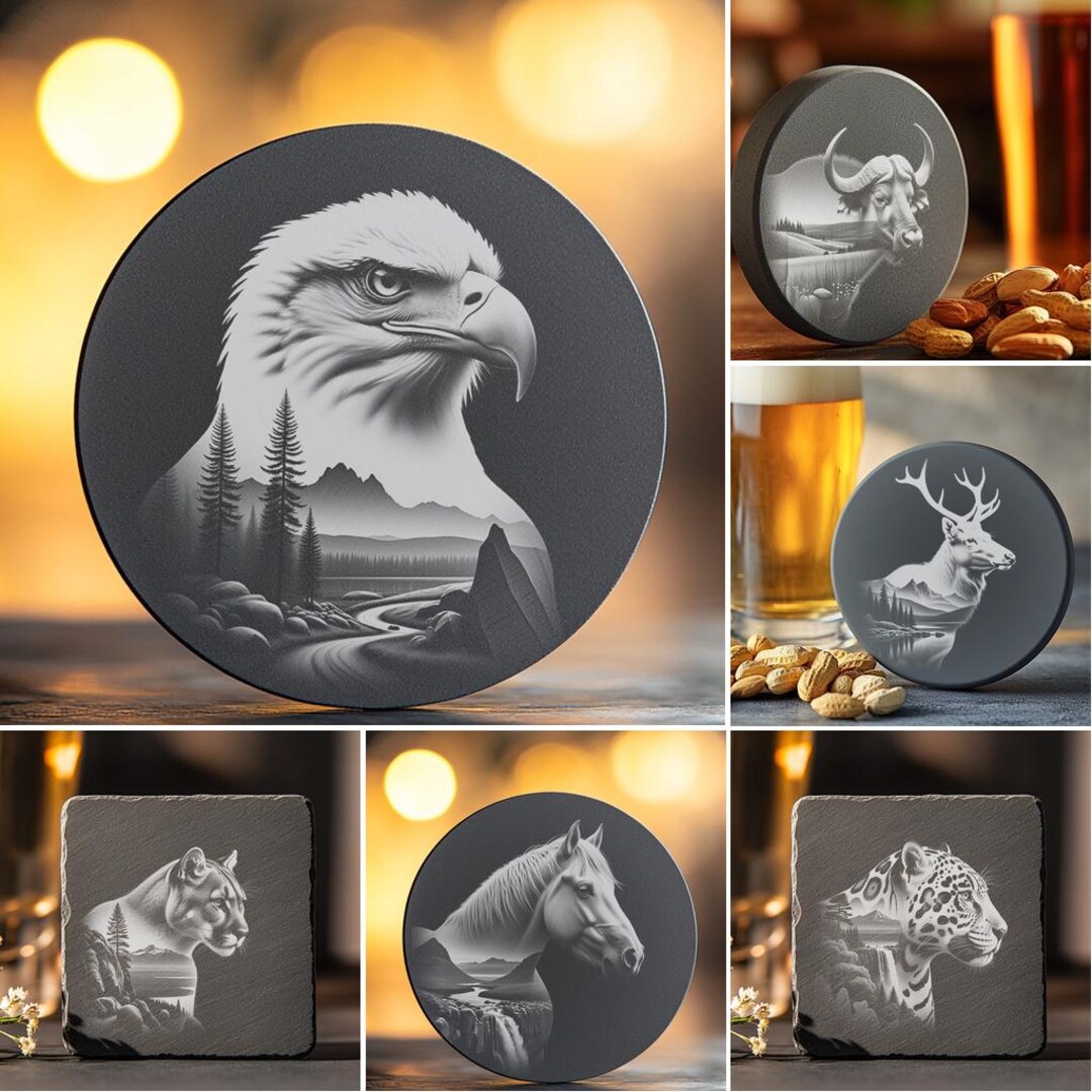 Wild Animals Double Exposure Slate Coaster Laser Engraving Design ...