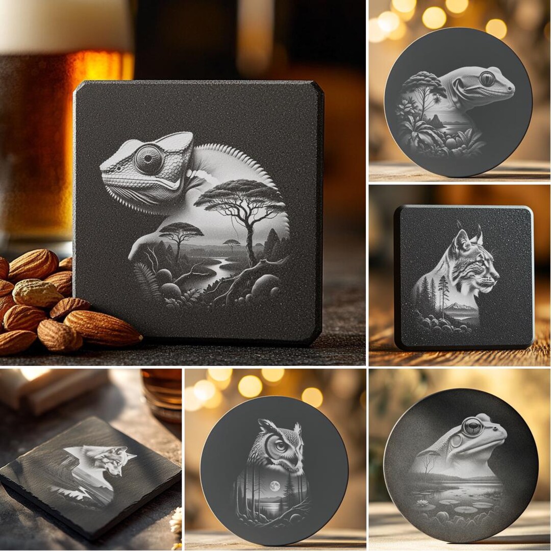 Wild Animals Double Exposure Slate Coaster Engraving Bundle, 6 Unique ...