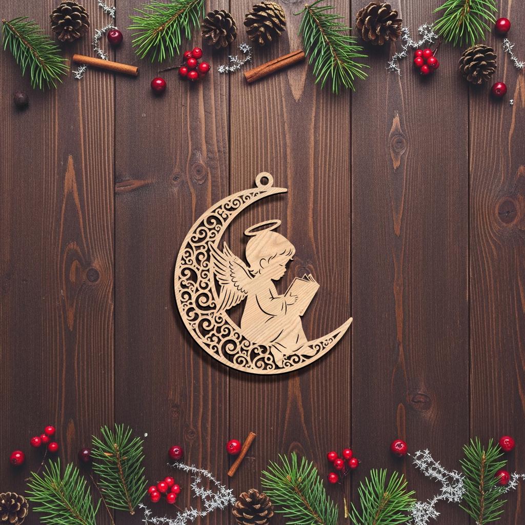 Angel Ornament SVG Laser Cut File, Reading Angel on Ornate Moon ...
