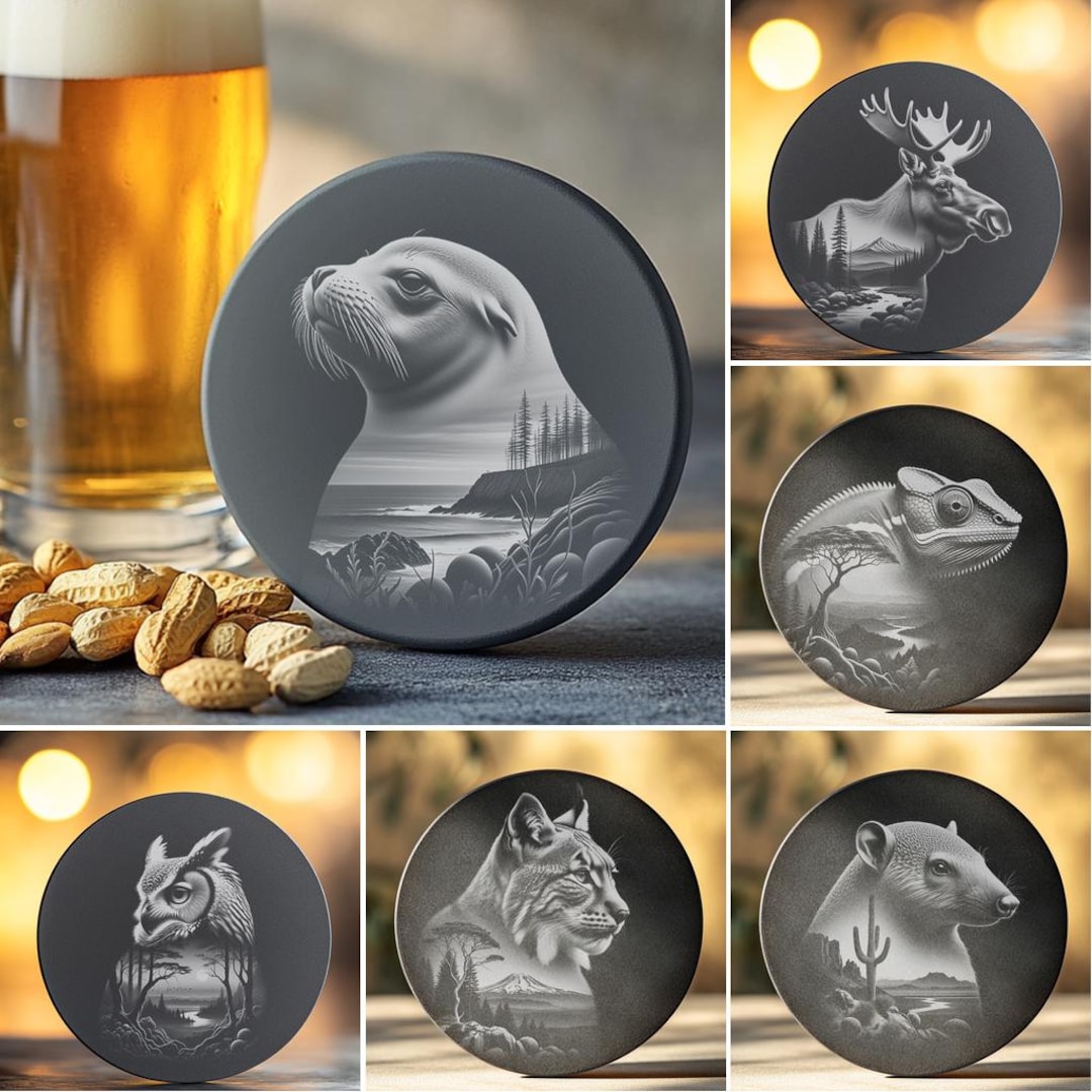 Wild Animals Double Exposure Bundle, 6 Slate Coaster Laser Engraving ...