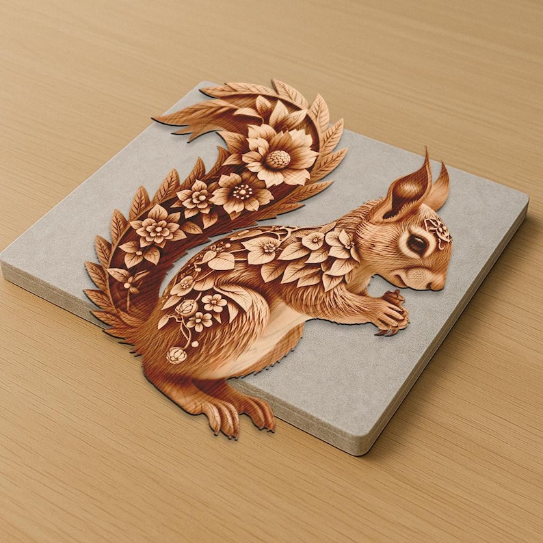 Charming 3D Illusion Art File of a Squirrel With Floral Accents ...