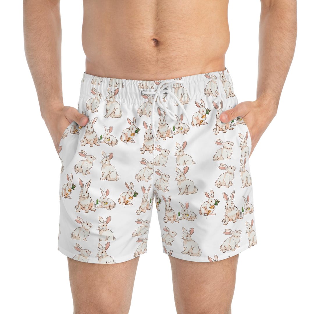 Bunny Swim Trunks, Rabbit Print Board Shorts, Cute Animal Beachwear ...