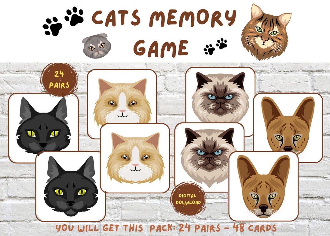 Cat Memory Game. Attention Game. Combination Activity. Printables for Kids. Printables Cats ...