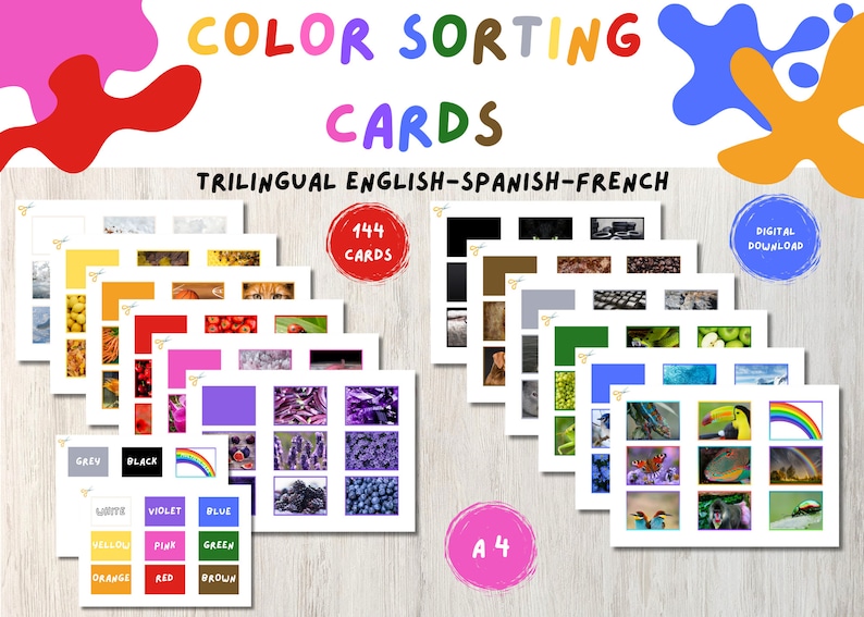 Color Sorting Cards in Three Languages (english, Spanish and French ...