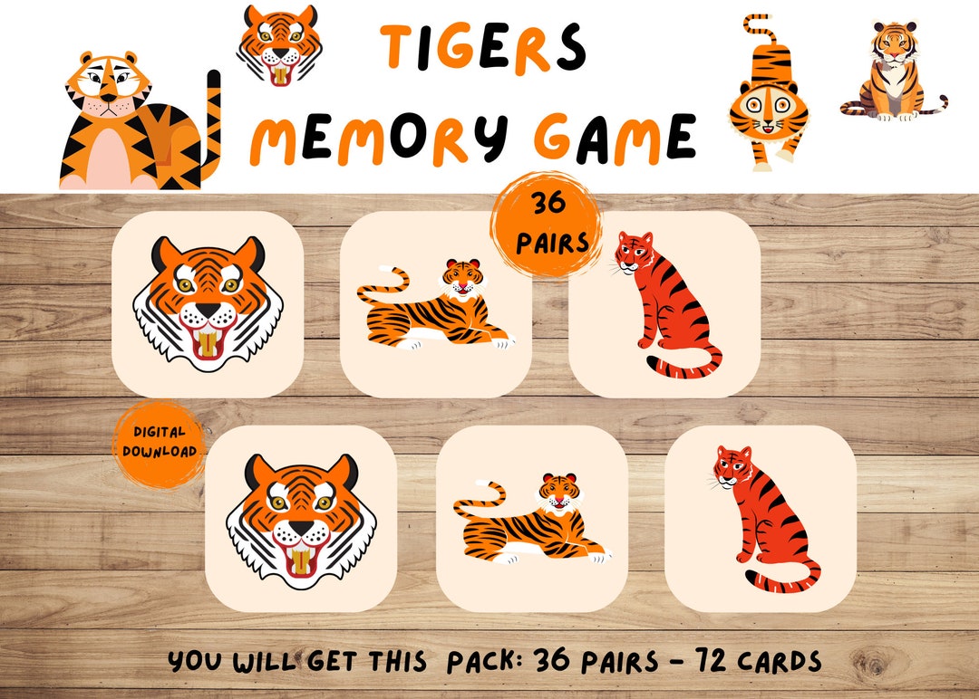 Tigers Memory Game 36 Different Pairs. Animal Flashcards. Attention ...