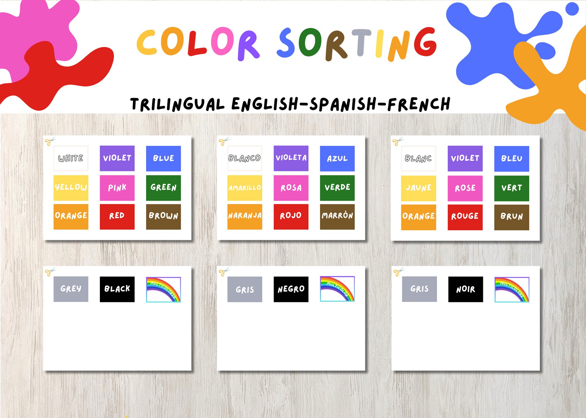 Color Sorting Cards in Three Languages english, Spanish and French - Etsy