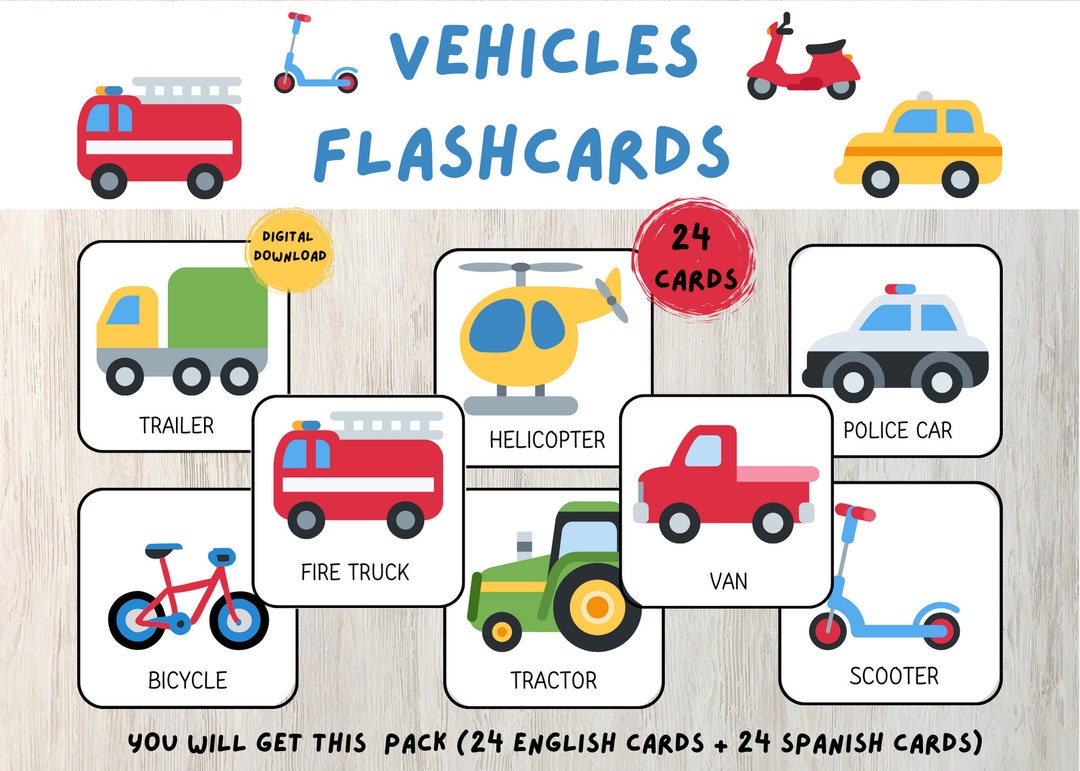 Printable Vehicle Flashcards in English and Spanish. Nomenclature Cards ...