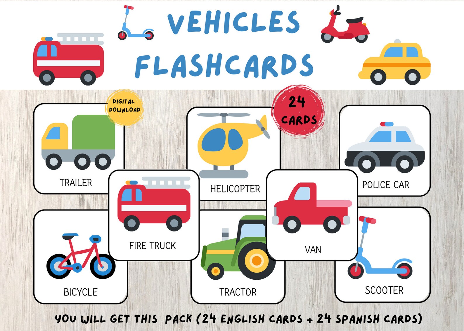 Printable Vehicles Flashcards in English and Spanish). Nomenclature ...