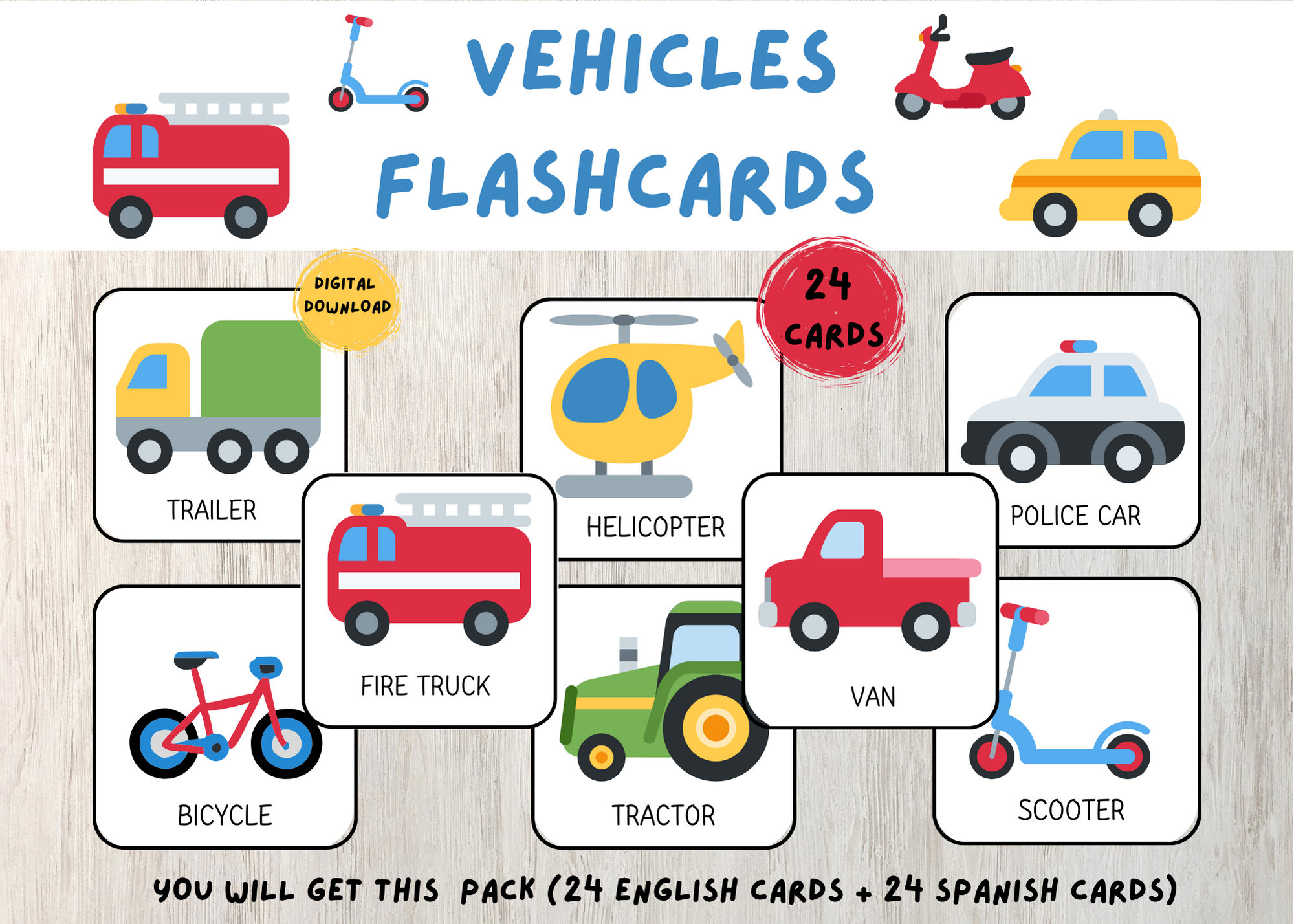Printable Vehicle Flashcards in English and Spanish. Nomenclature Cards ...