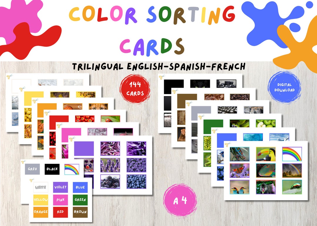 Color Sorting Cards in Three Languages english, Spanish and French - Etsy