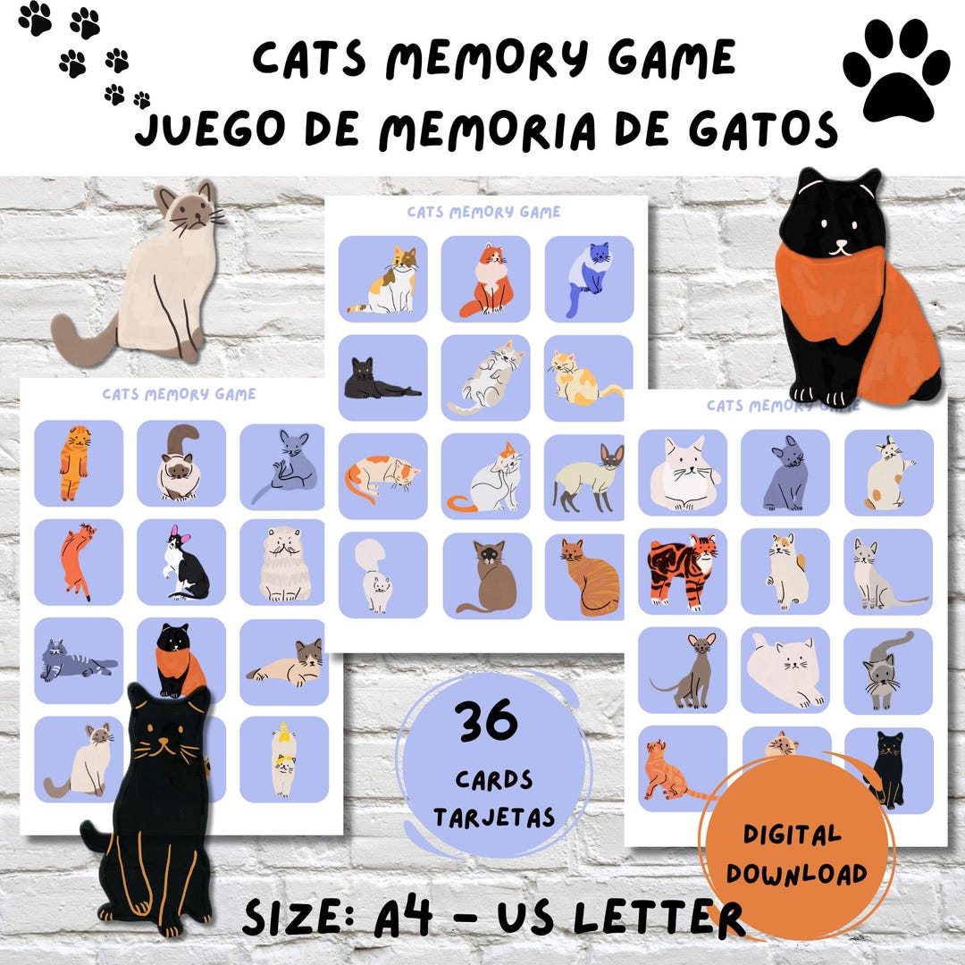 Cat Memory Game. Attention Game. Matching Activity. Printables for Kids ...