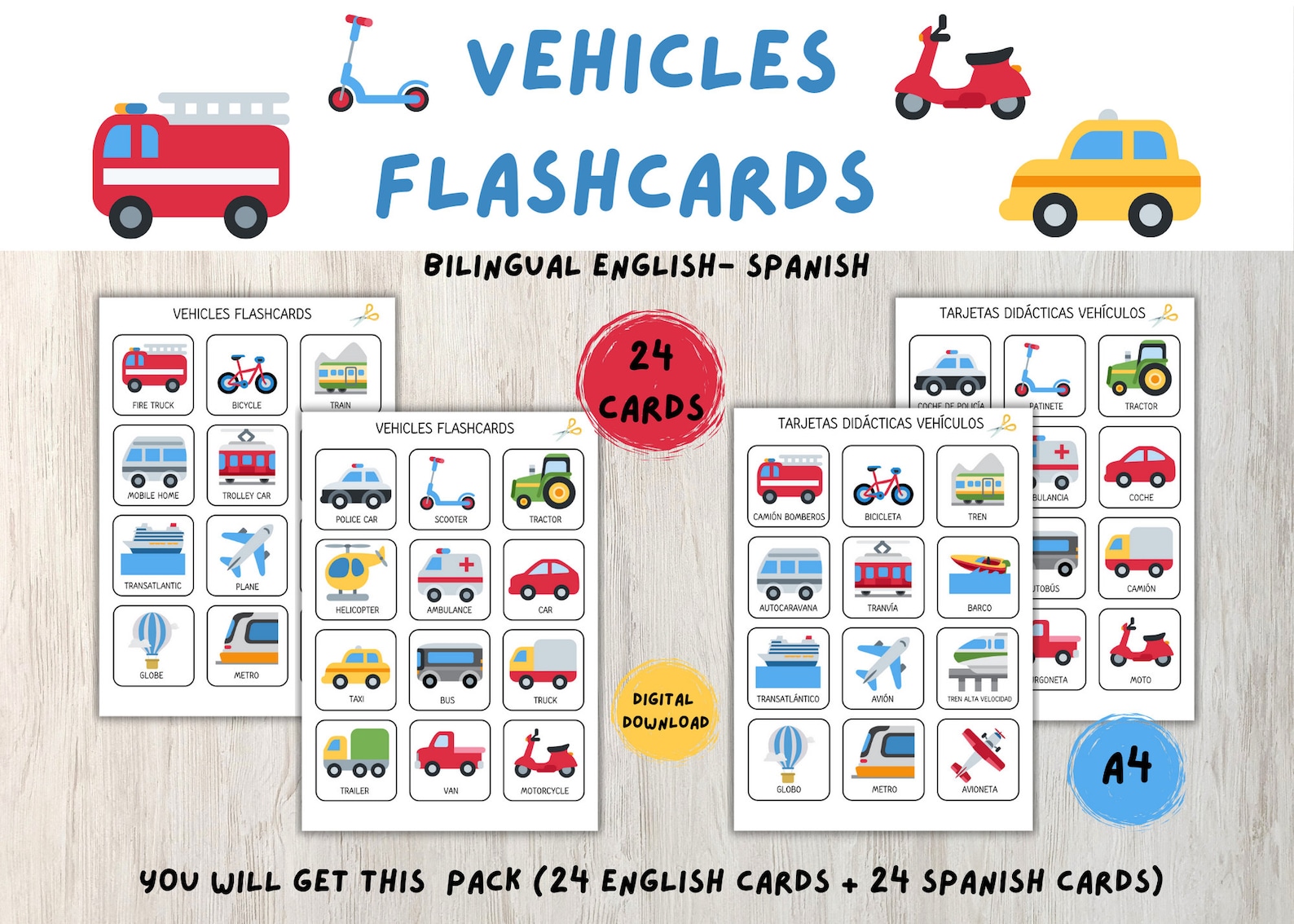 Printable Vehicles Flashcards in English and Spanish). Nomenclature ...