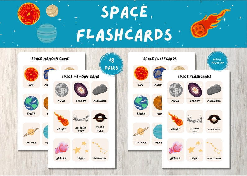 Space Memory Game and Printable Matching Cards. Space Flash Cards ...