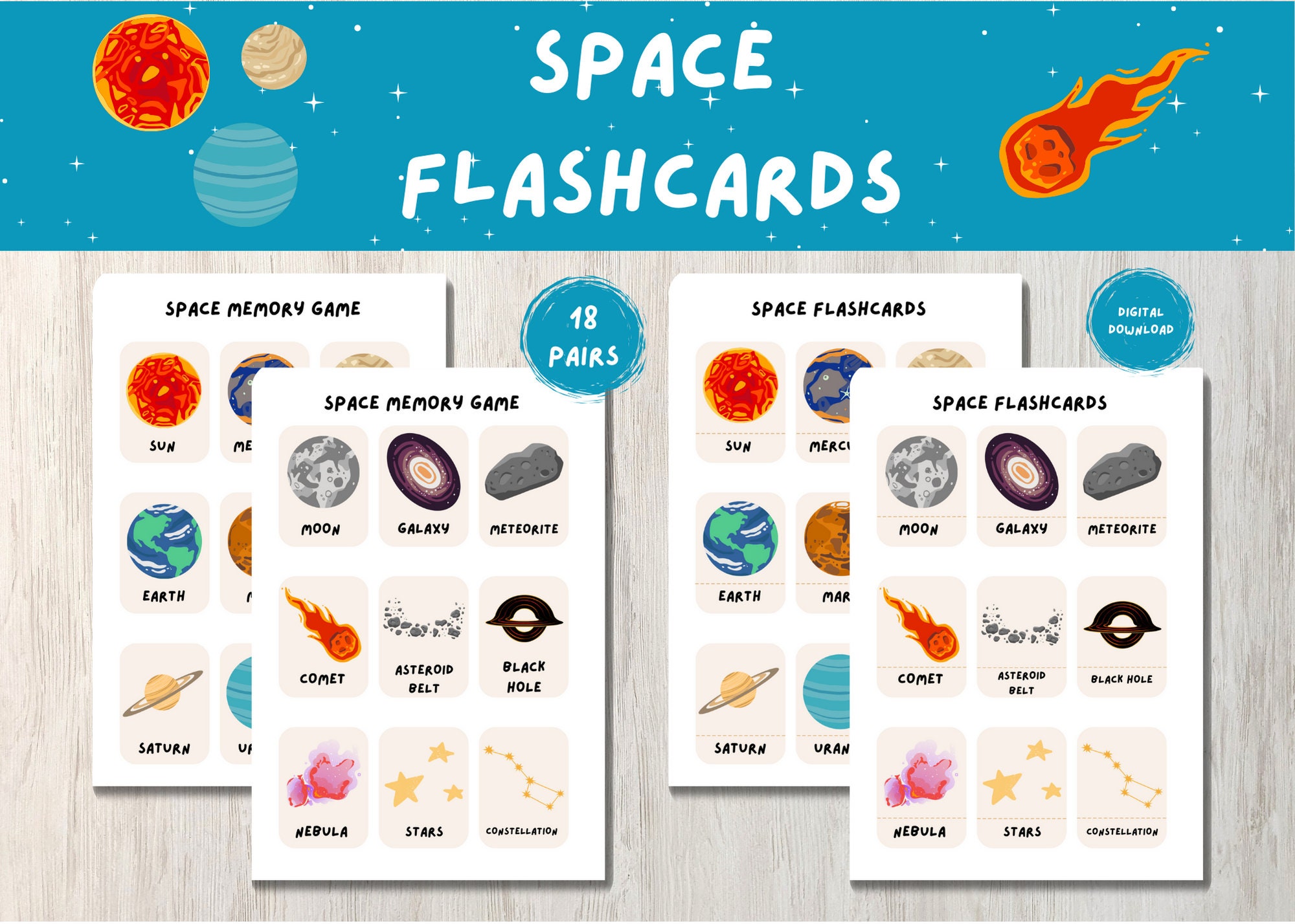 Space Memory Game and Printable Matching Cards. Space Flash Cards ...