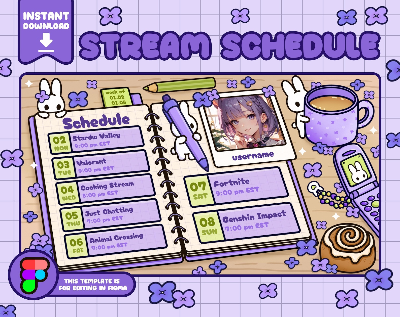 Cute and Cozy Lavender Weekly Stream Schedule Template | Editable ...