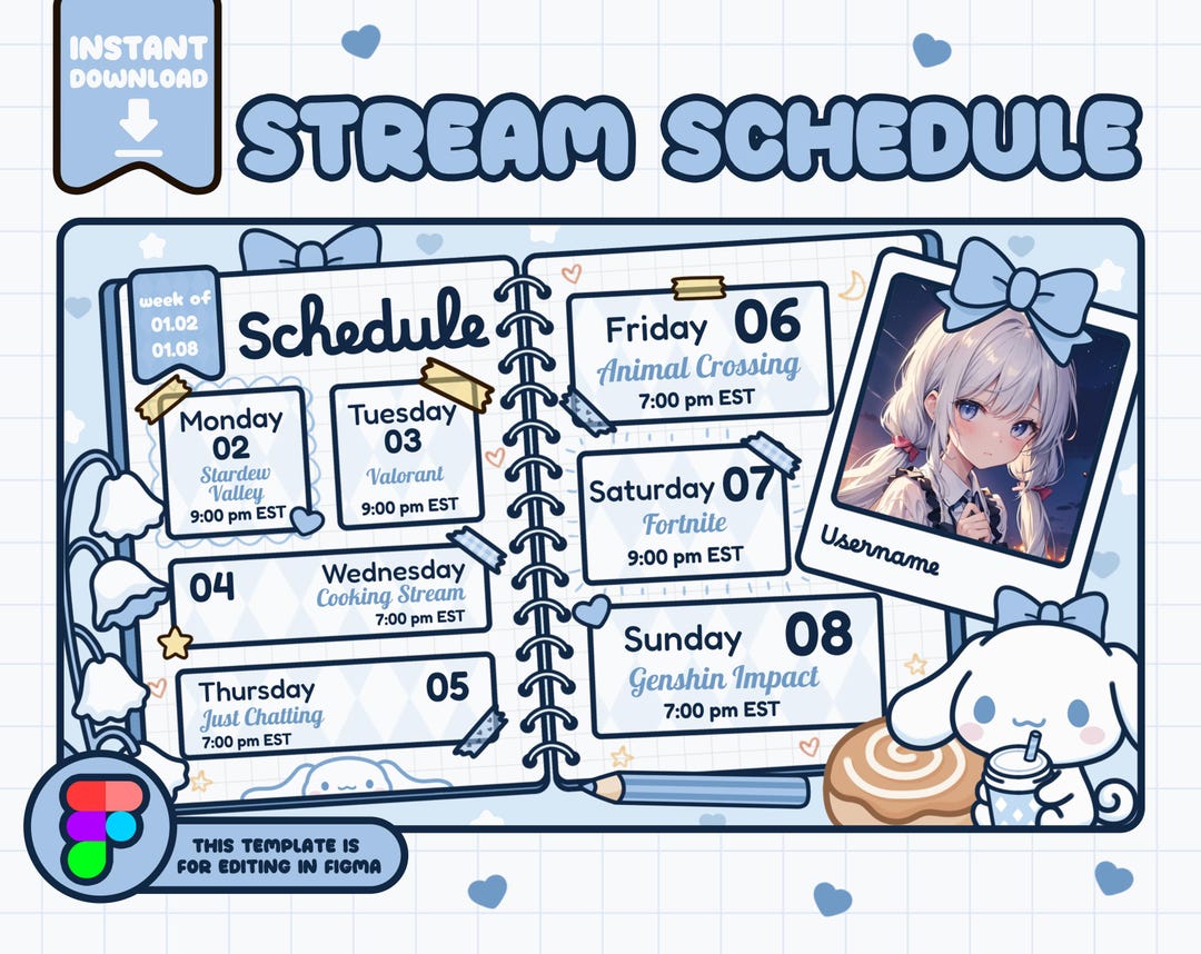 Cinnamon Puppy Weekly Stream Schedule Template | Cute Vtuber Figma (PDF ...