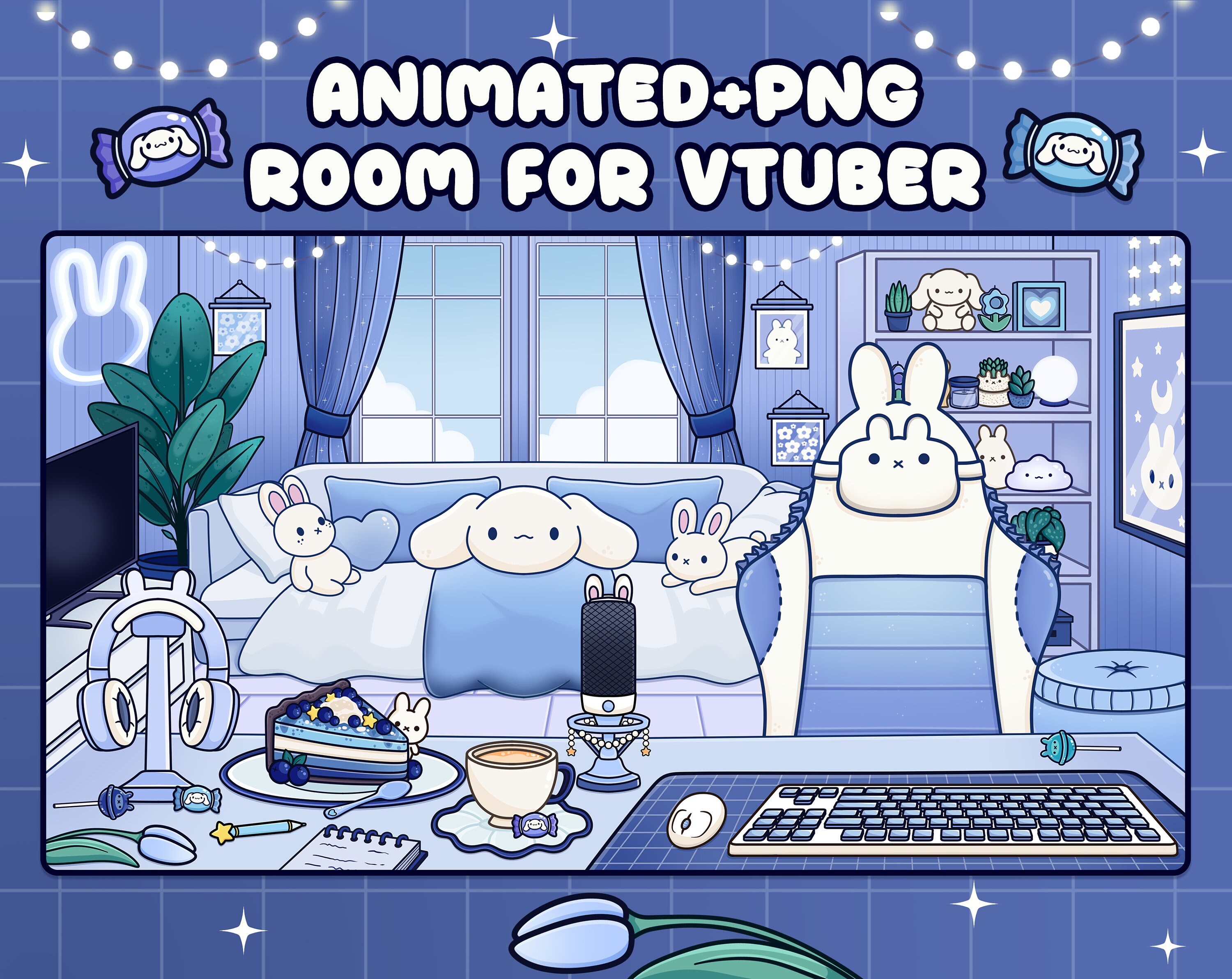 4K Animated Cozy Desk With Bunny Overlay & Dreamy Room for Vtuber ...