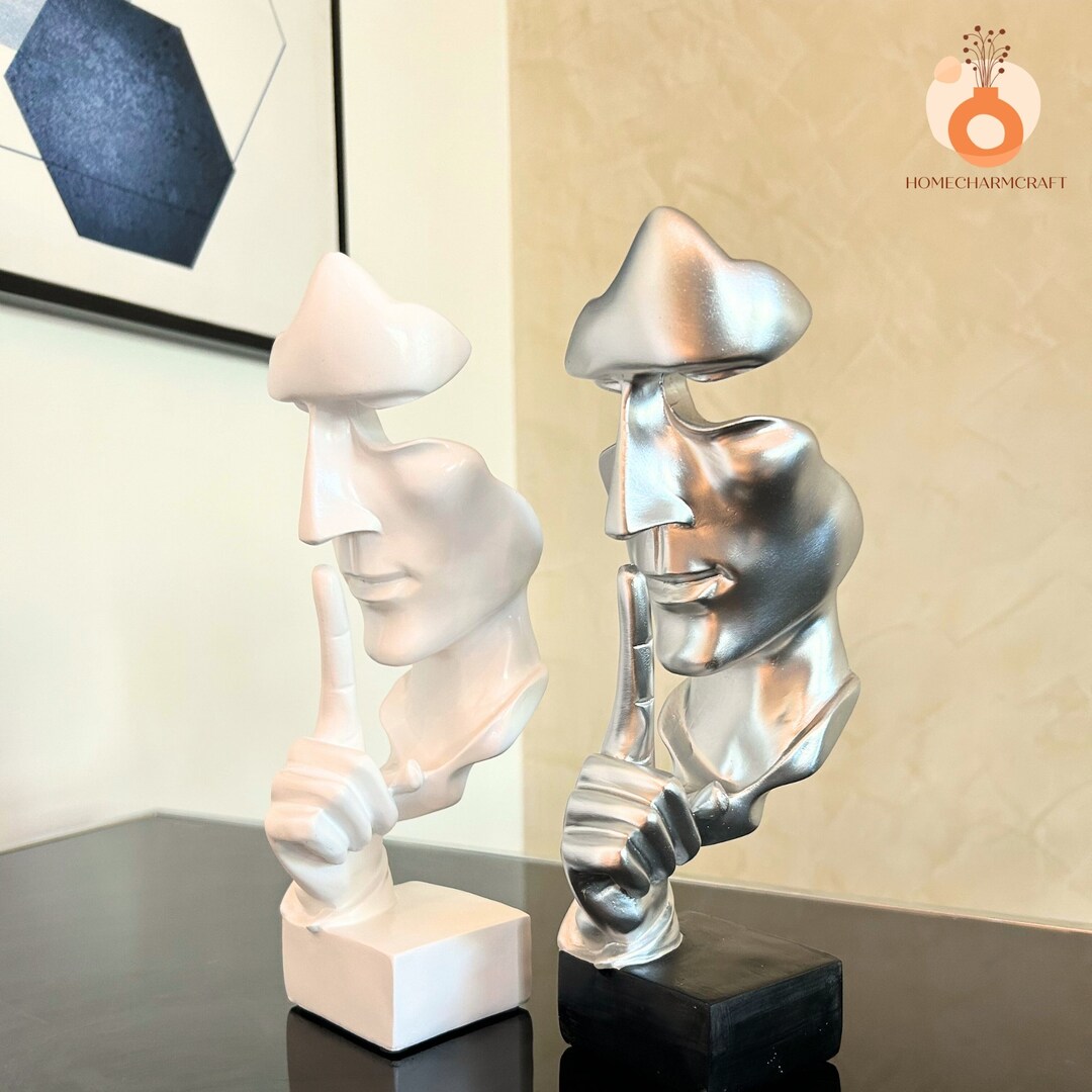 White and Silver Thinker Statue, Resin Figurine Set, Abstract Office ...