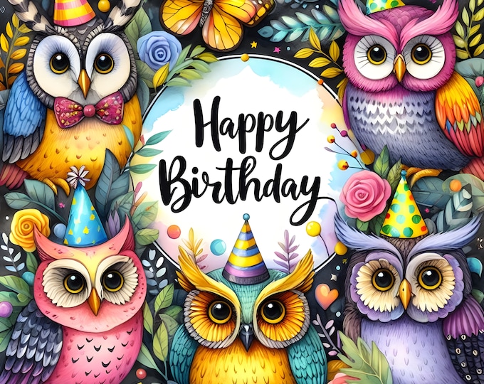 Owl Happy Birthday Card, Colorful JPEG (digital Download) - Etsy