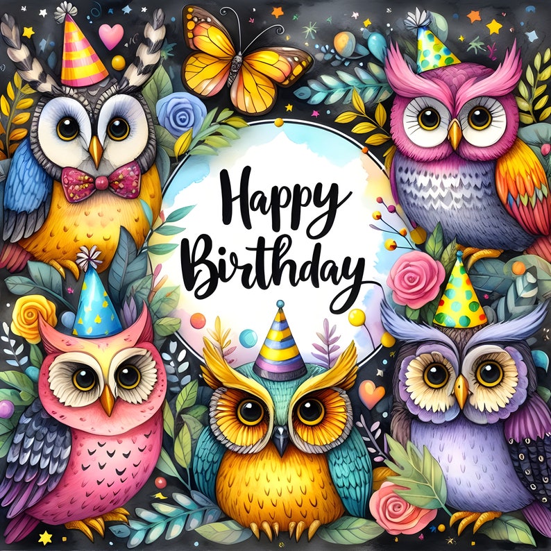 Owl Happy Birthday Card, Colorful JPEG (digital Download) - Etsy