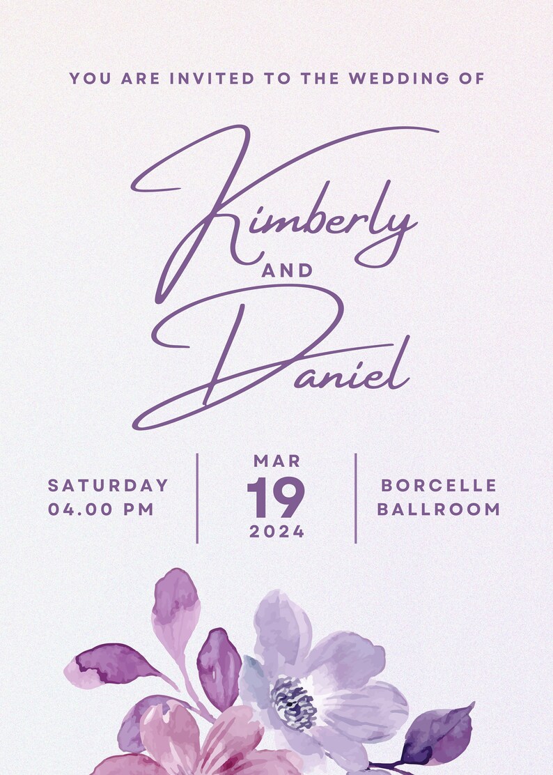 Purple Wedding Invitation Canva Template, Wedding Invitation Template ...
