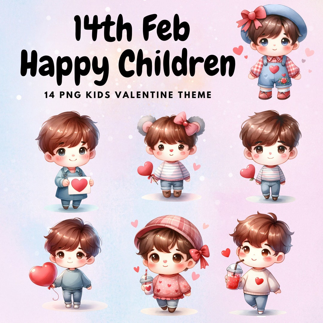 Watercolor Valentine Kids Clipart Happy Children With Heart PNG ...