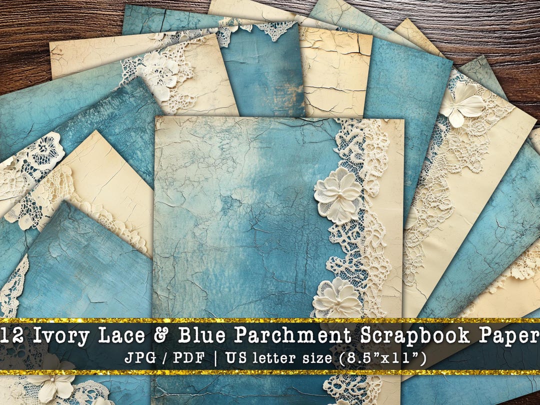 Ivory Lace Blue Parchment Digital Paper | Vintage Wedding Junk Journal ...