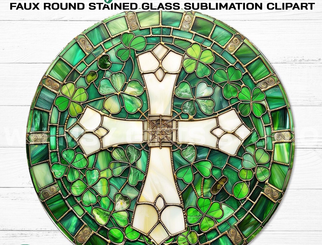 St Patrick Faux Stained Glass Cross, Shamrock Wreath Sign (digital ...