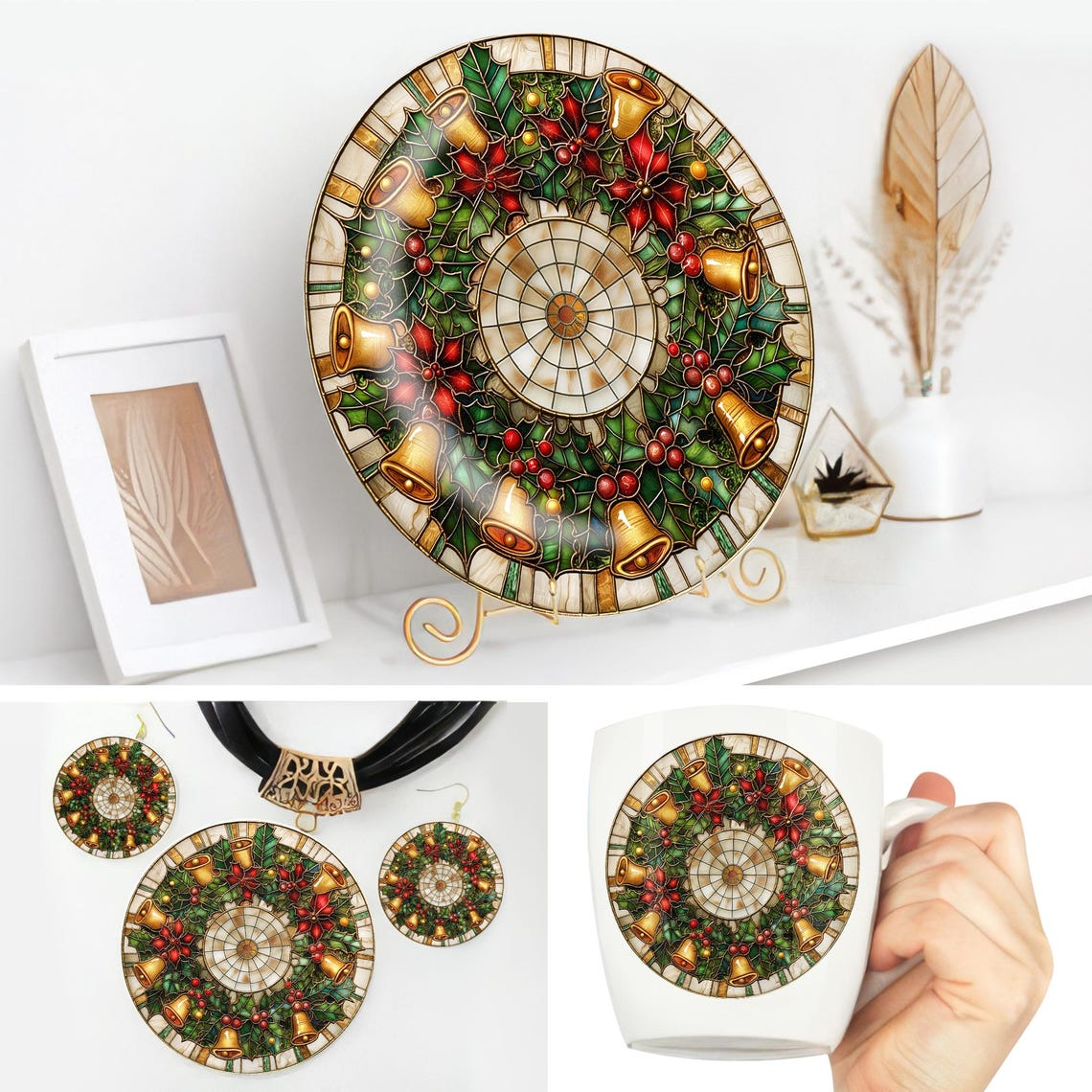 Christmas Wreath Faux Stained Glass Design, Sublimation PNG (digital ...