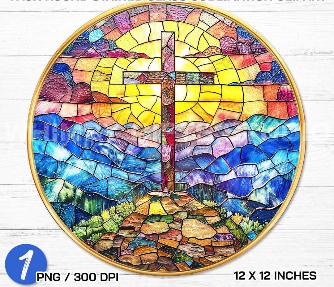 Sunset Hill Cross, Faux Stained Glass Window, Round Sublimation Design ...