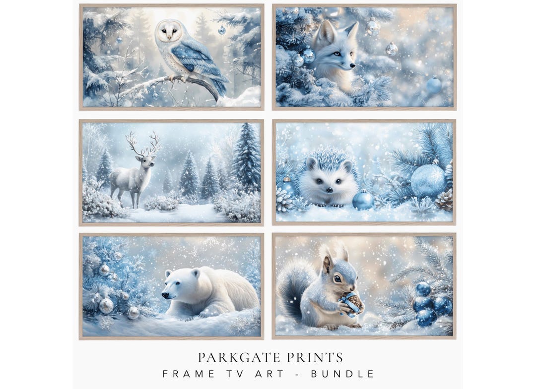 Blue Christmas Creatures Frame TV Art Set, Whimsical Fantasy Woodland ...