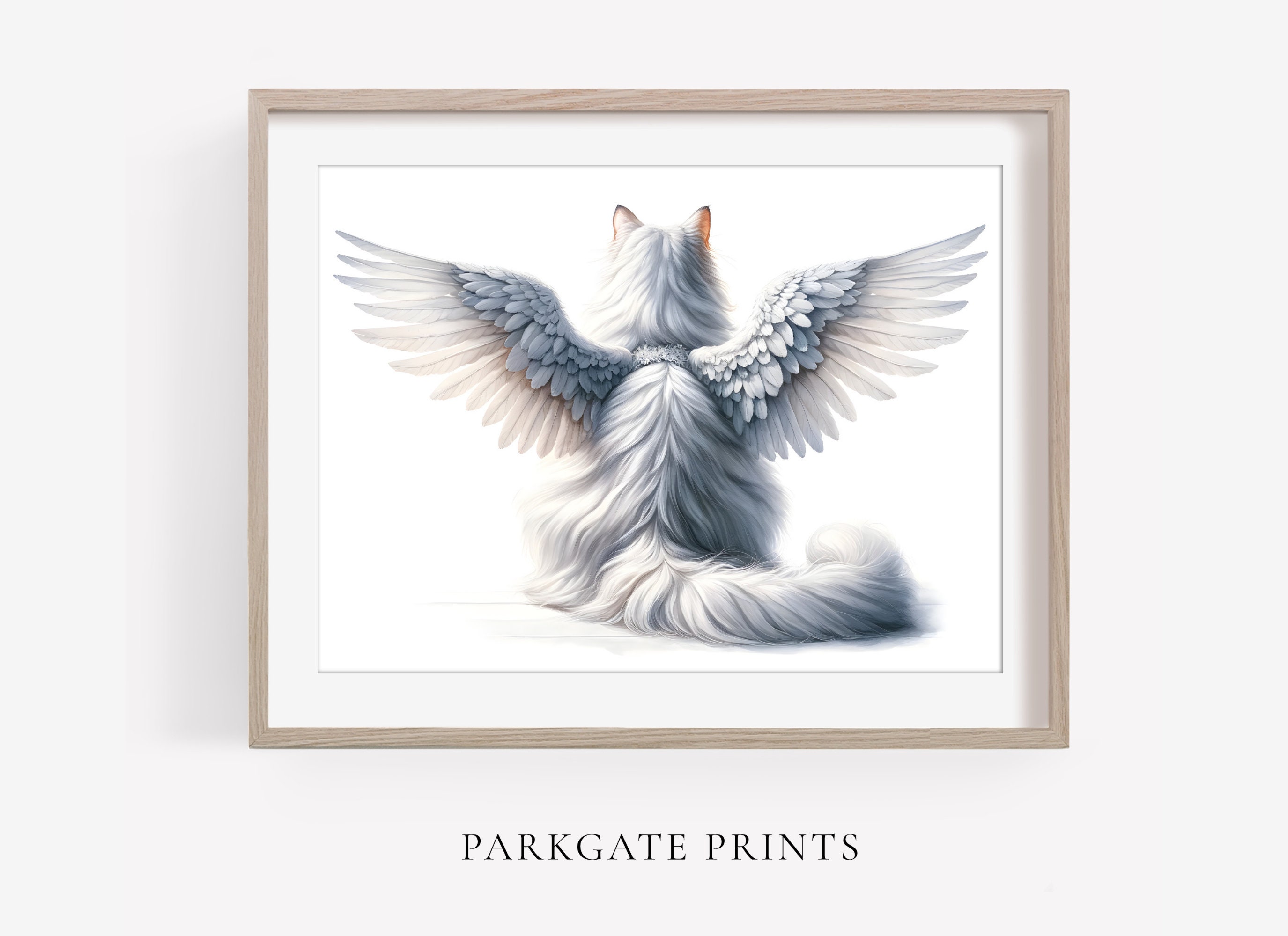 White Cat Angel Wings Watercolor Art Print: Memorial Tribute (digital ...
