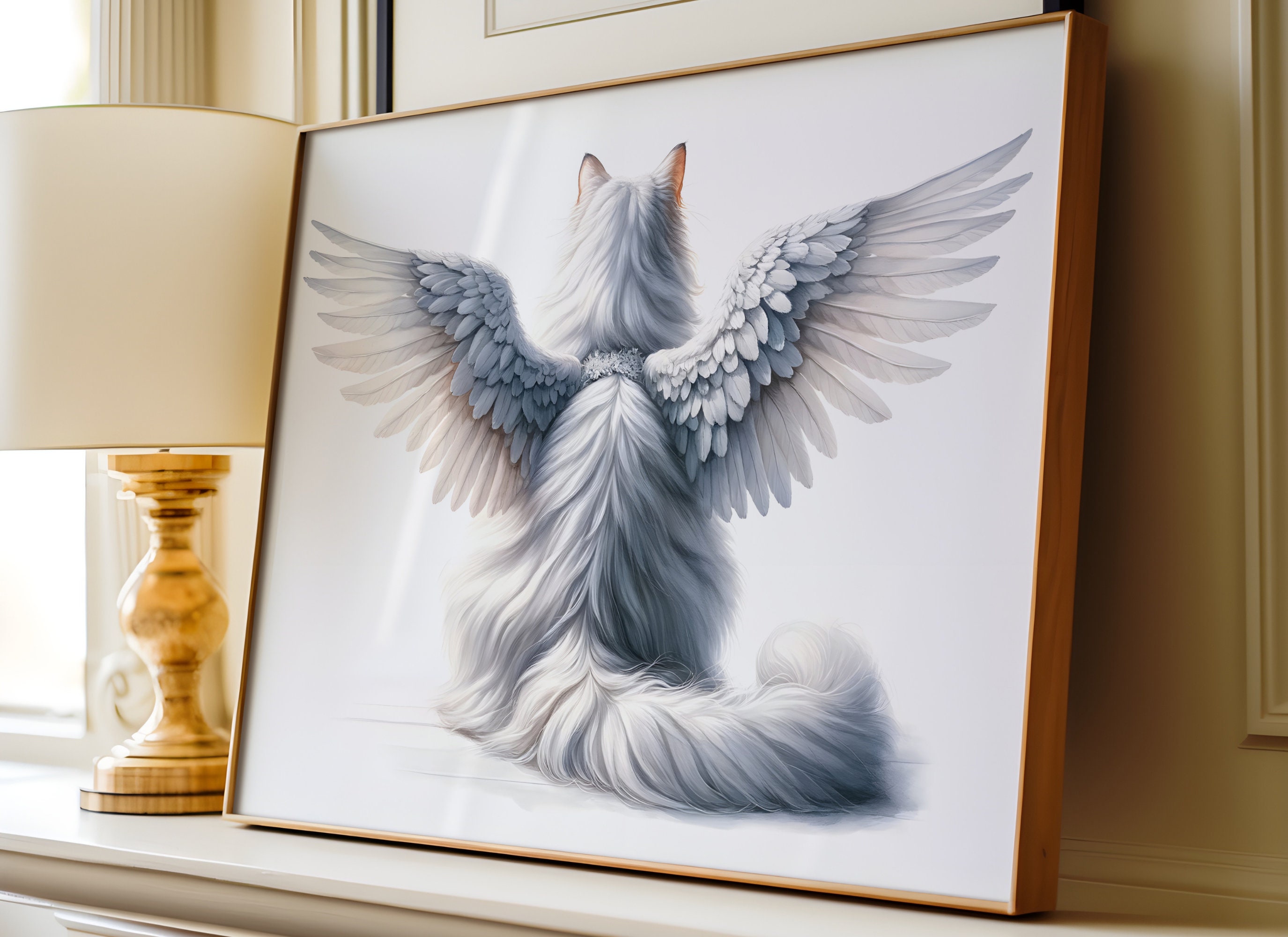 White Cat Angel Wings Watercolor Art Print: Memorial Tribute (digital ...
