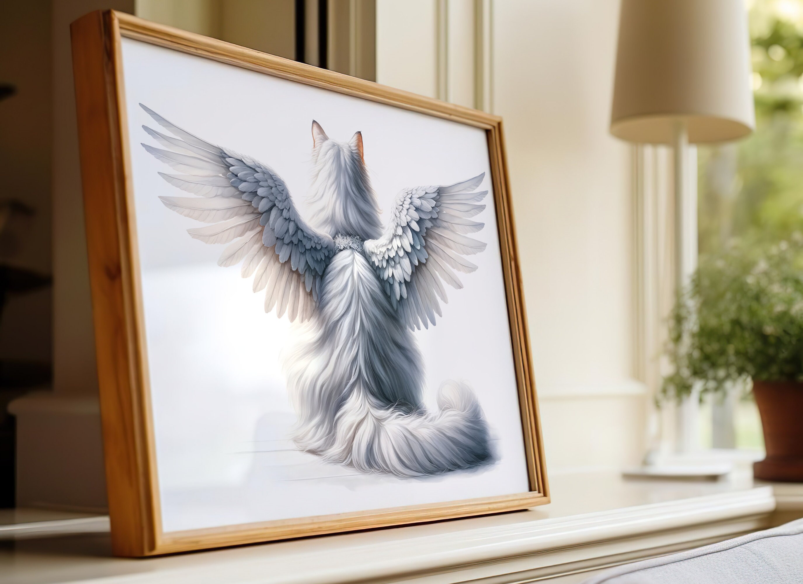 White Cat Angel Wings Watercolor Art Print: Memorial Tribute (digital ...