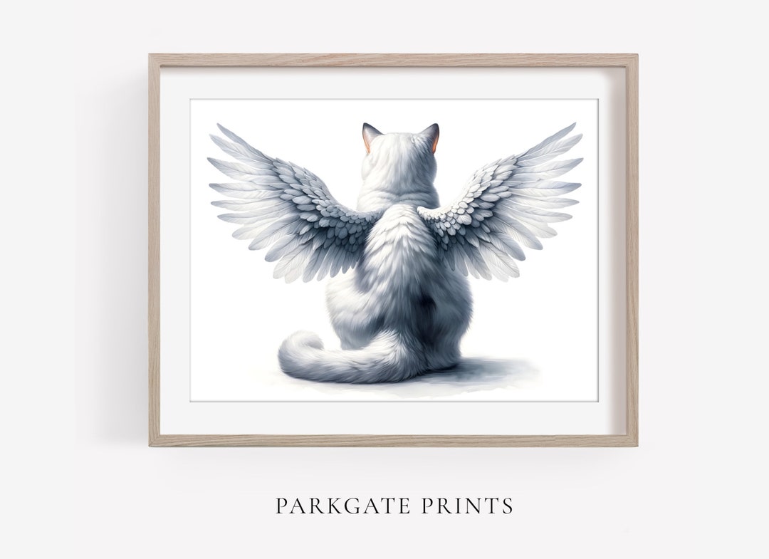 White Cat Angel Wings Art Print, Cat With Angel Wings, White Cat ...