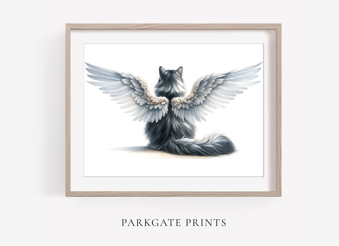 Grey Cat Angel Wings Art Print, Cat With Angel Wings, Grey Cat Memorial ...