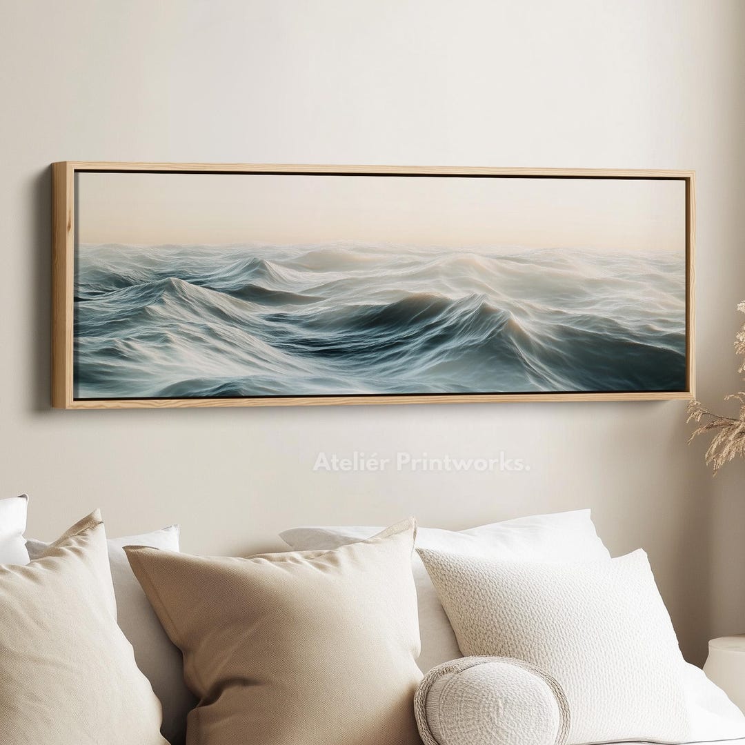Horizontal Ocean Wave Wall Art Long Blue Canvas Print Seascape Artwork ...