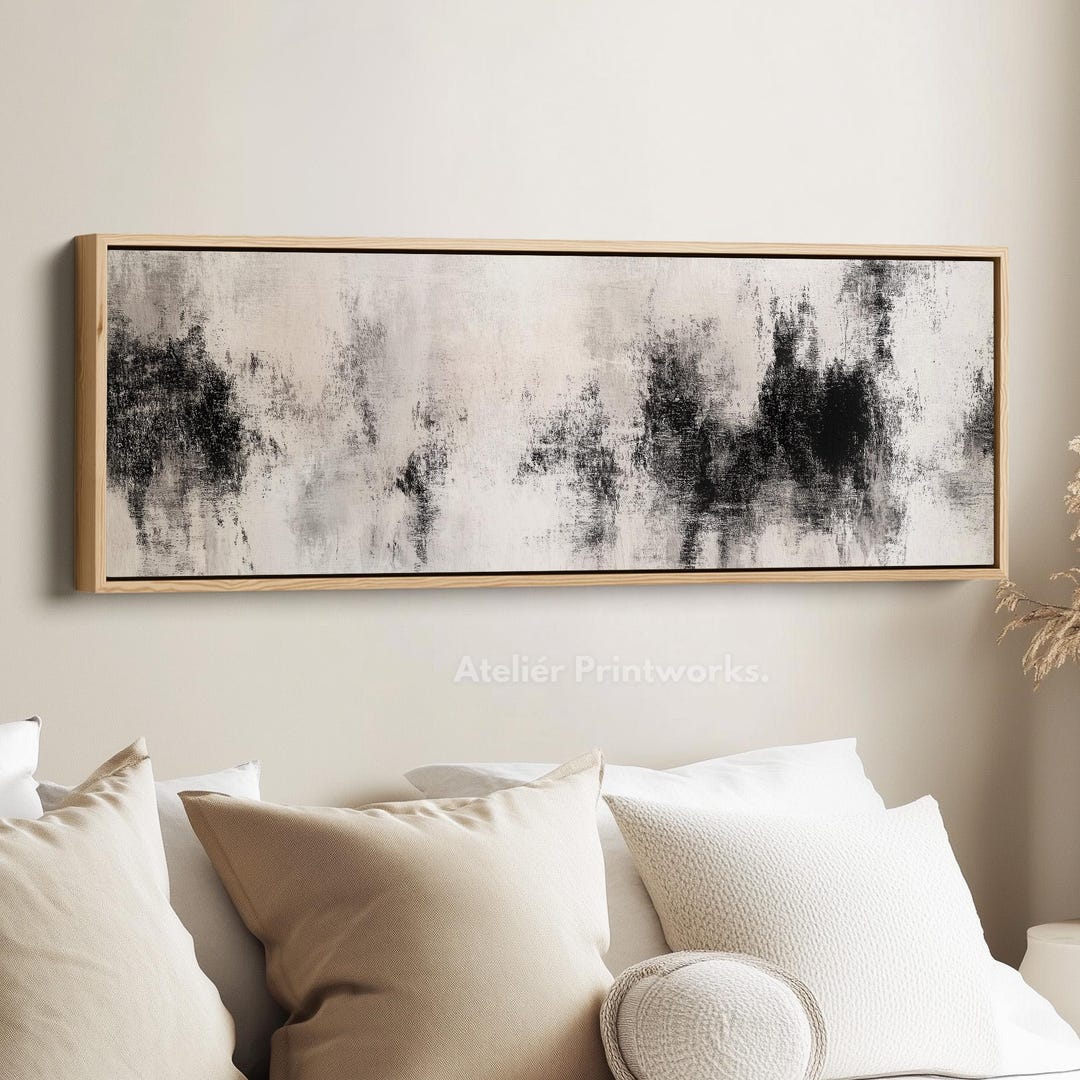Dark Abstract Wide Wall Art, Horizontal Wall Art, Large Framed Canvas ...