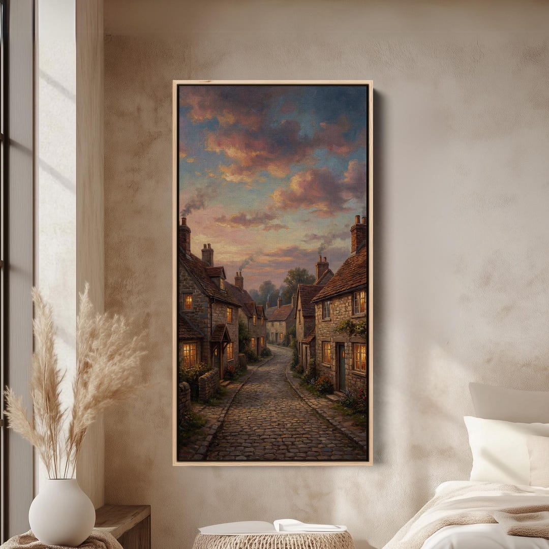 COBBLED VILLAGE STREET Vertical Wall Art Evening Town Tall Wall Art ...