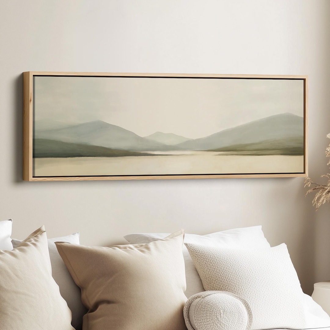 NARROW HORIZONTAL LANDSCAPE Wall Art Sage Cream Panoramic Canvas Print ...